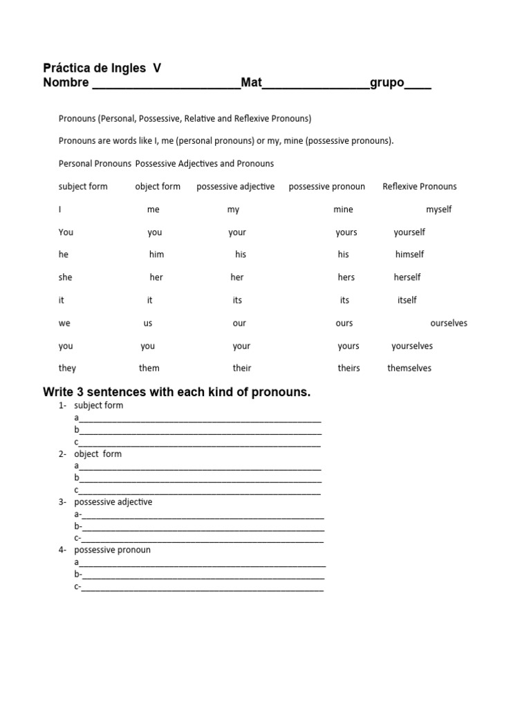 Pronombres Ejercicios | PDF | Pronoun | Linguistic Morphology
