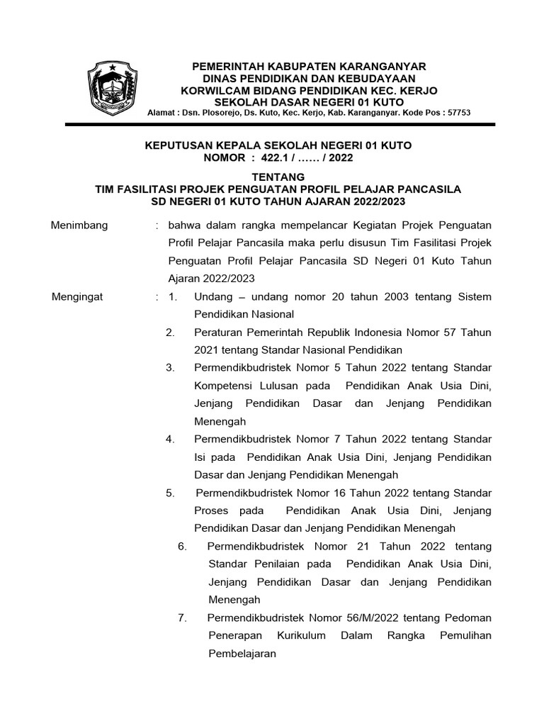 SK Tim Fasilitasi P5 | PDF