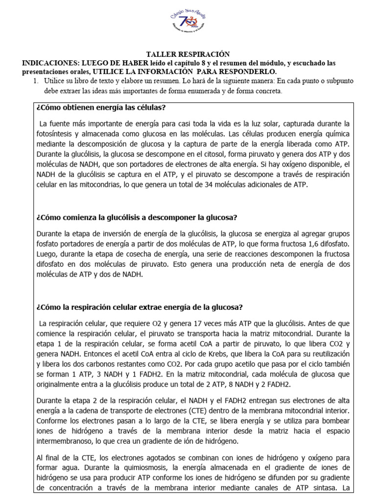 Guia de Trabajo Respiracion | PDF | Trifosfato de adenosina | Respiración celular