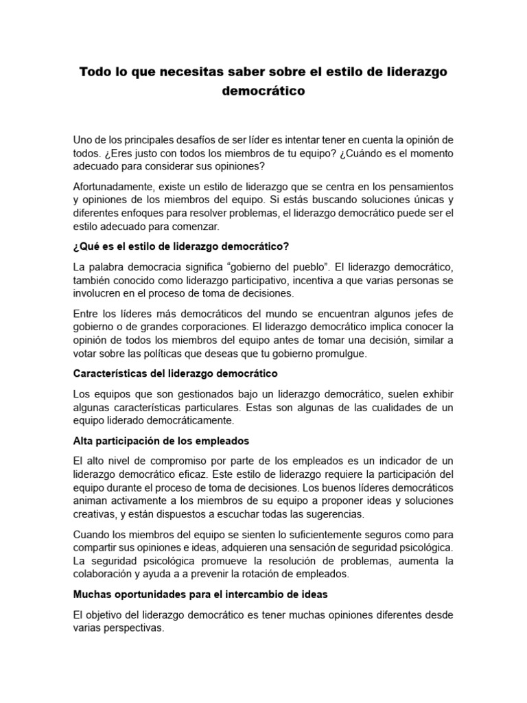 Todo Lo Que Necesitas Saber Sobre El Estilo de Liderazgo Democrático ...