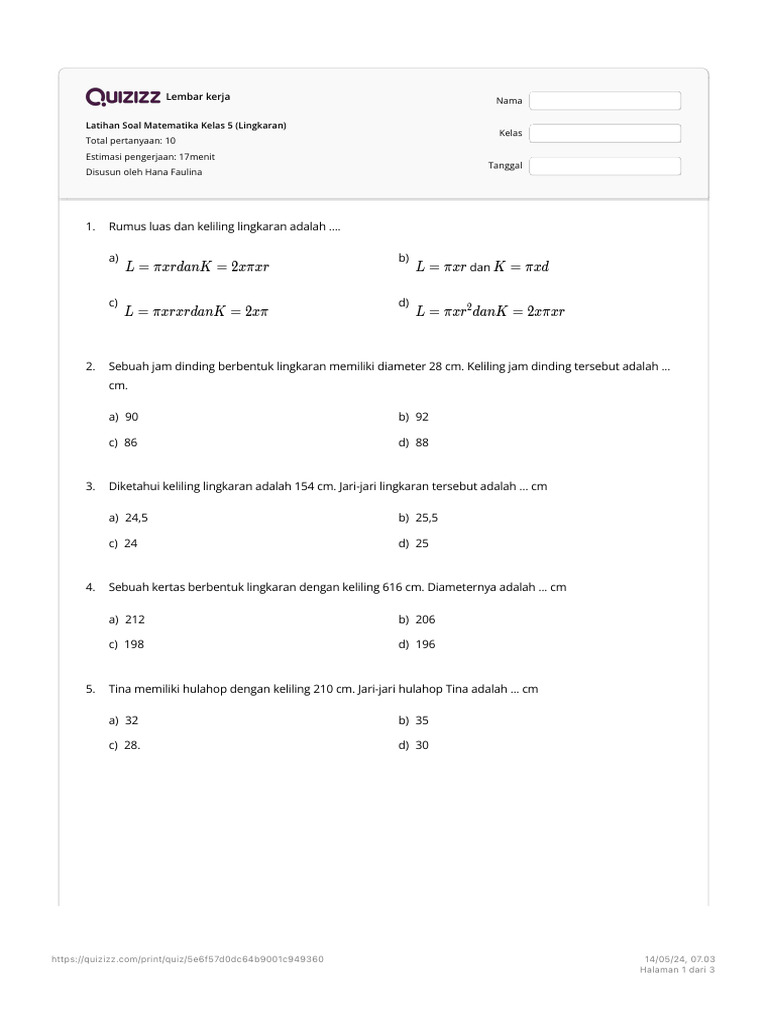 Latihan Soal Matematika Kelas 5 (Lingkaran) Quizizz | PDF