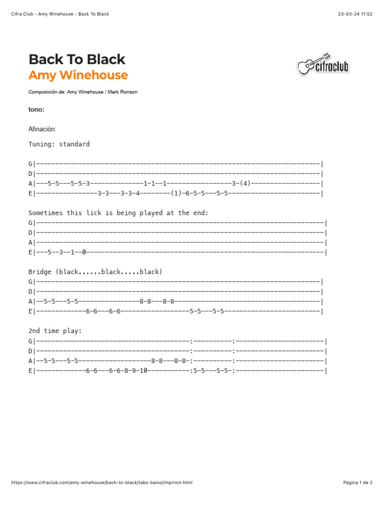 Back to Black Bass Tab by Amy Winehouse | PDF