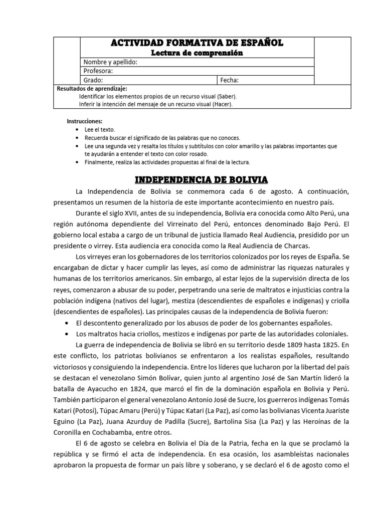Comprensión: Independencia de Bolivia | PDF | Bolivia | América del Sur