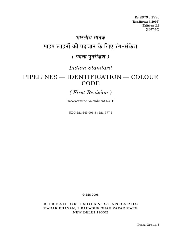 Is 2379 2007 - Color Coding of Industrial Pipelines | PDF | Pipe (Fluid ...