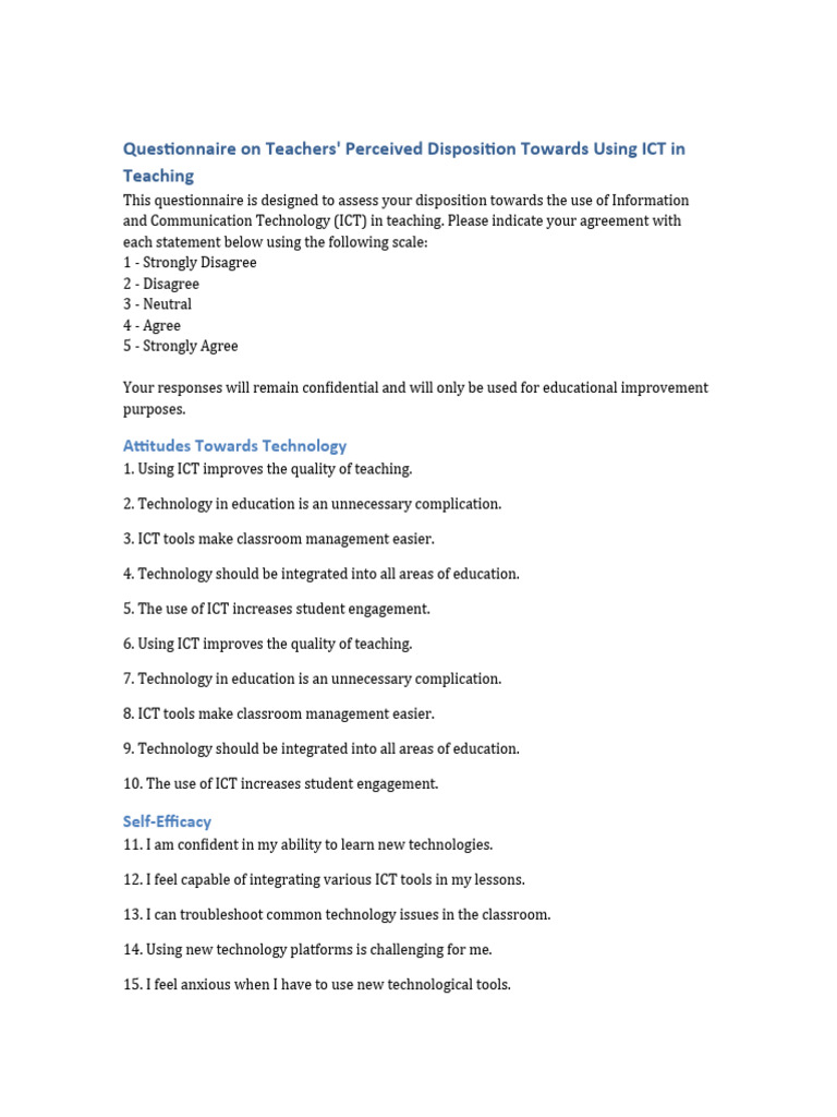 Expanded ICT Teaching Disposition Questionnaire | PDF | Educational ...