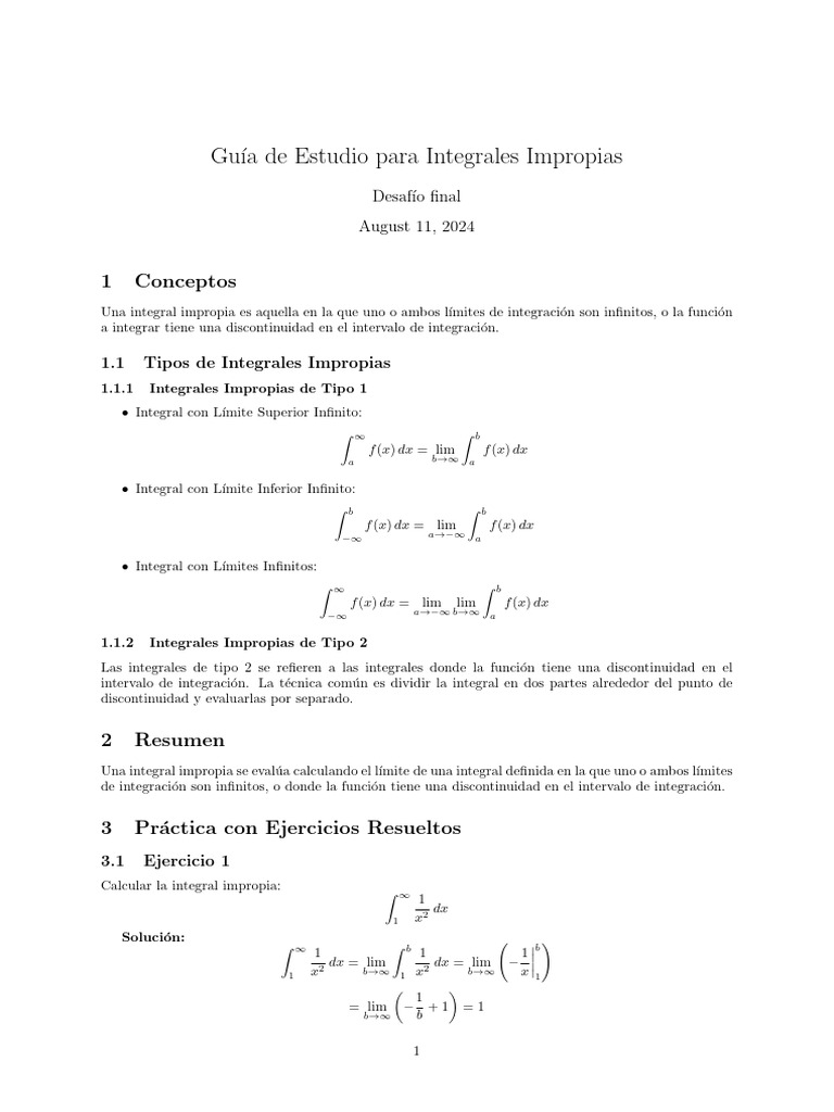 Guía de Integrales Impropias: Tipos y Ejercicios | PDF | Integral ...