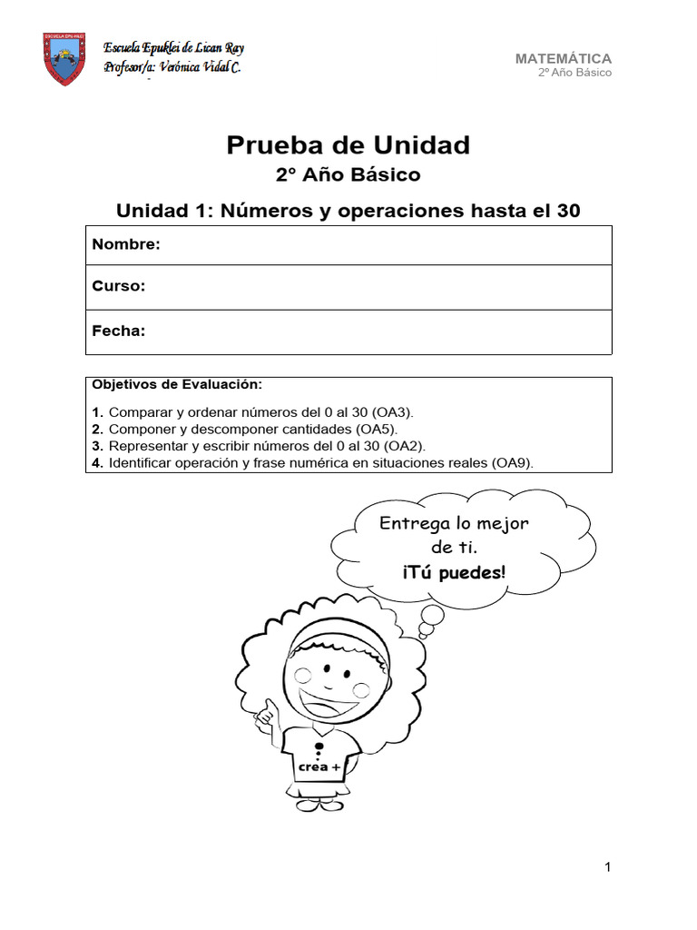 Prueba de Matemáticas 2° Básico 2024 | PDF | Sustracción