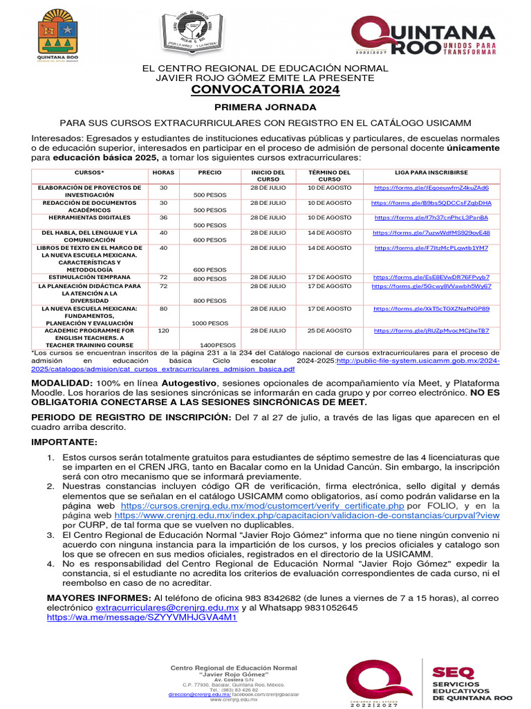 Convocatoria Cursos Usicamm Crenjrg 2024 Primera Jornada | PDF