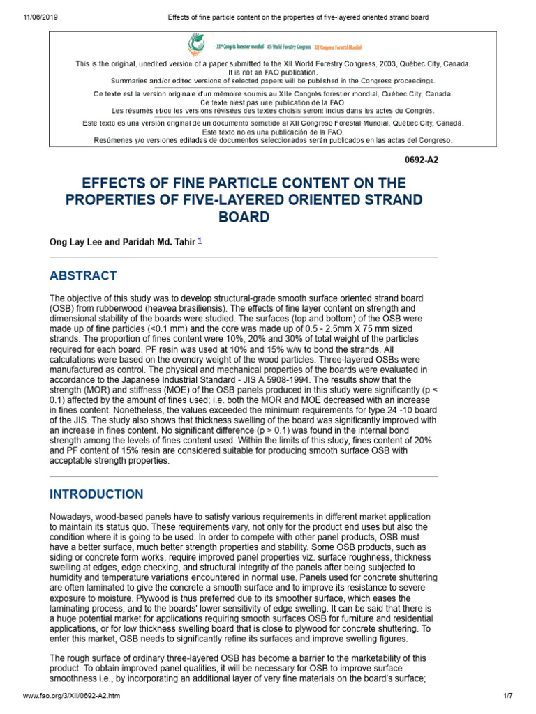 Effects of Fine Particle Content On The Properties of Five-Layered Oriented Strand Board | PDF ...