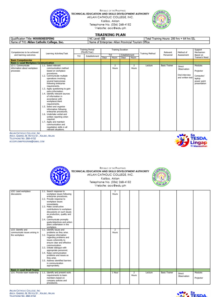 Training Plan HSK NC III | PDF | Occupational Safety And Health ...