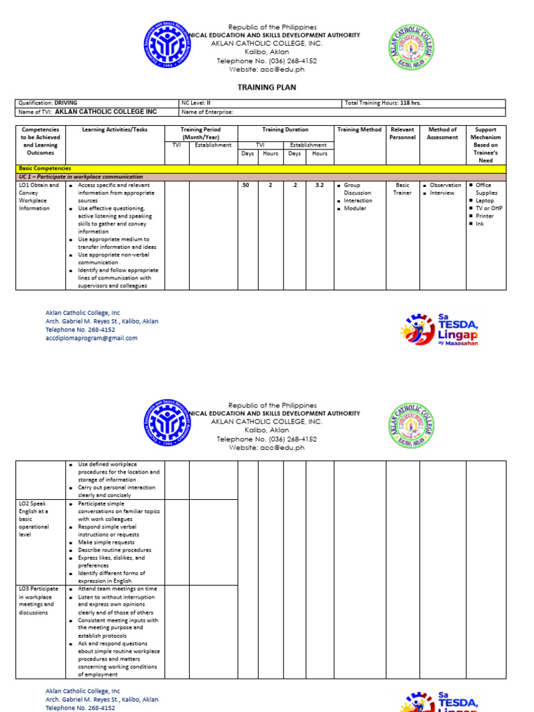 Training Plan Driving NCII | PDF | Information | Communication
