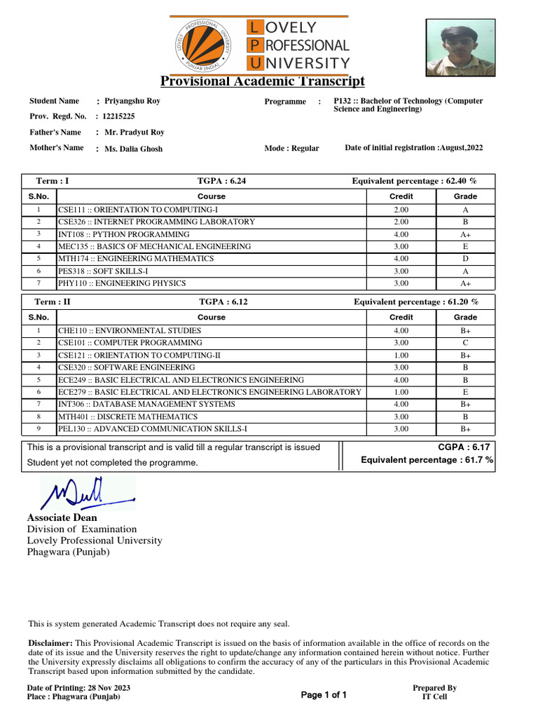 Provisional Academic Transcript LPU | PDF | Engineering