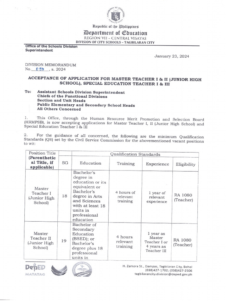 DM No. 053, S. 2024 Acceptance of Application For Master Teacher I & II ...