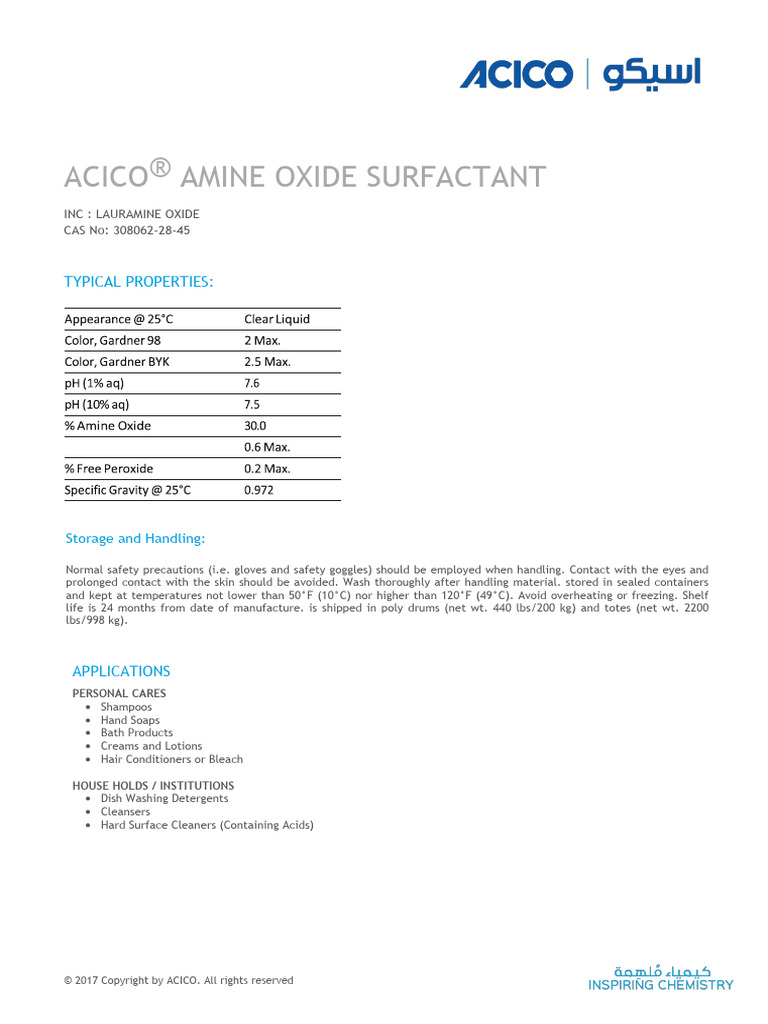 ACICO® Lauramine Oxide TDS | PDF | Surfactant | Detergent