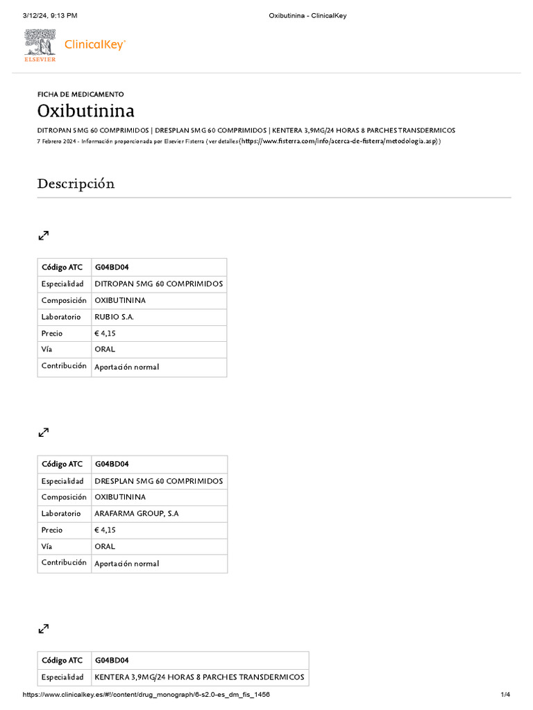 Oxibutinina - ClinicalKey | PDF | Medicina CLINICA | Especialidades Medicas