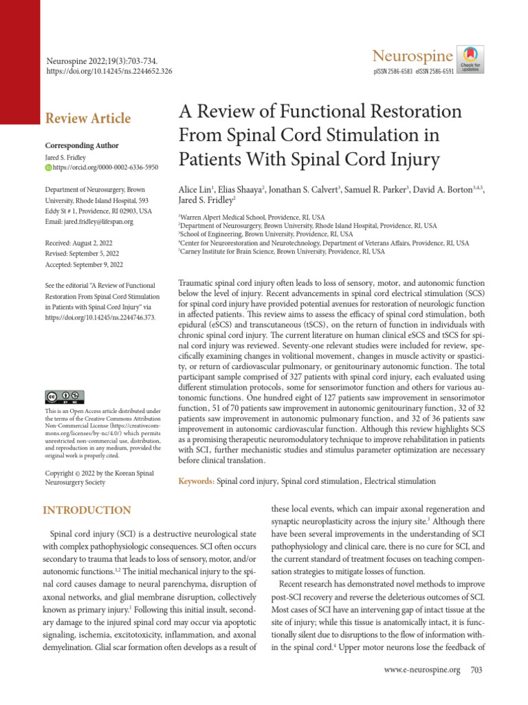 A Review of Functional Restoration From Spinal Cord Stimulation in ...