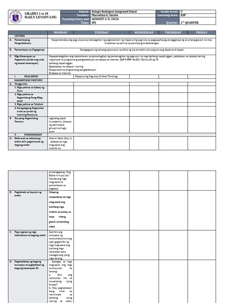 DLL - Esp 5 - Q1 - W1 | PDF