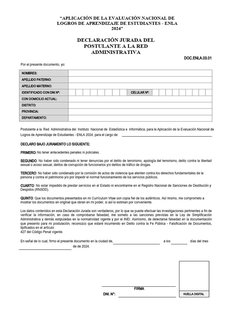 ENLA.03.01 - Declaracion Jurada Del Postulante A La RA (Anexo 01) | PDF | Documento de identidad ...