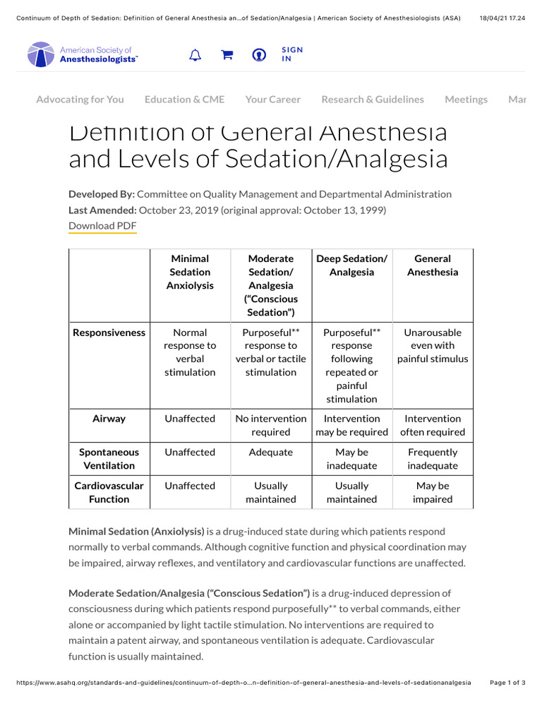 Continuum of Depth of Sedation: Definition of General Anesthesia and ...