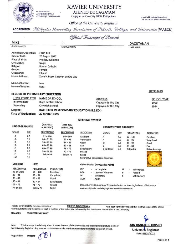 College Transcript of Records | PDF