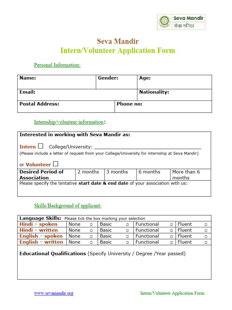 Volunteer Application Form Final - Seva Mandir | PDF | Volunteering