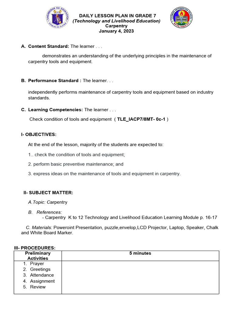 DLP IN TLE Carpentry Week 2 | PDF | Tools | Learning