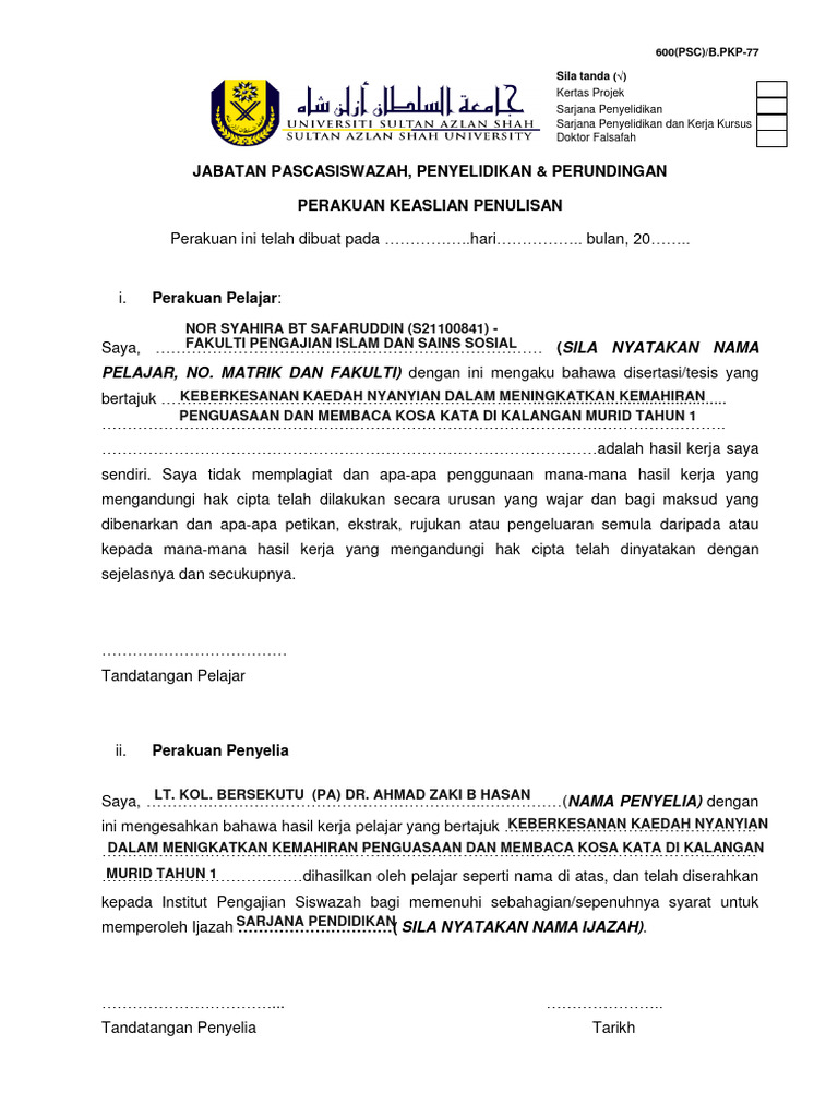 Borang Perakuan Keaslian Penulisan (Bahasa Malaysia) - Malay Version | PDF