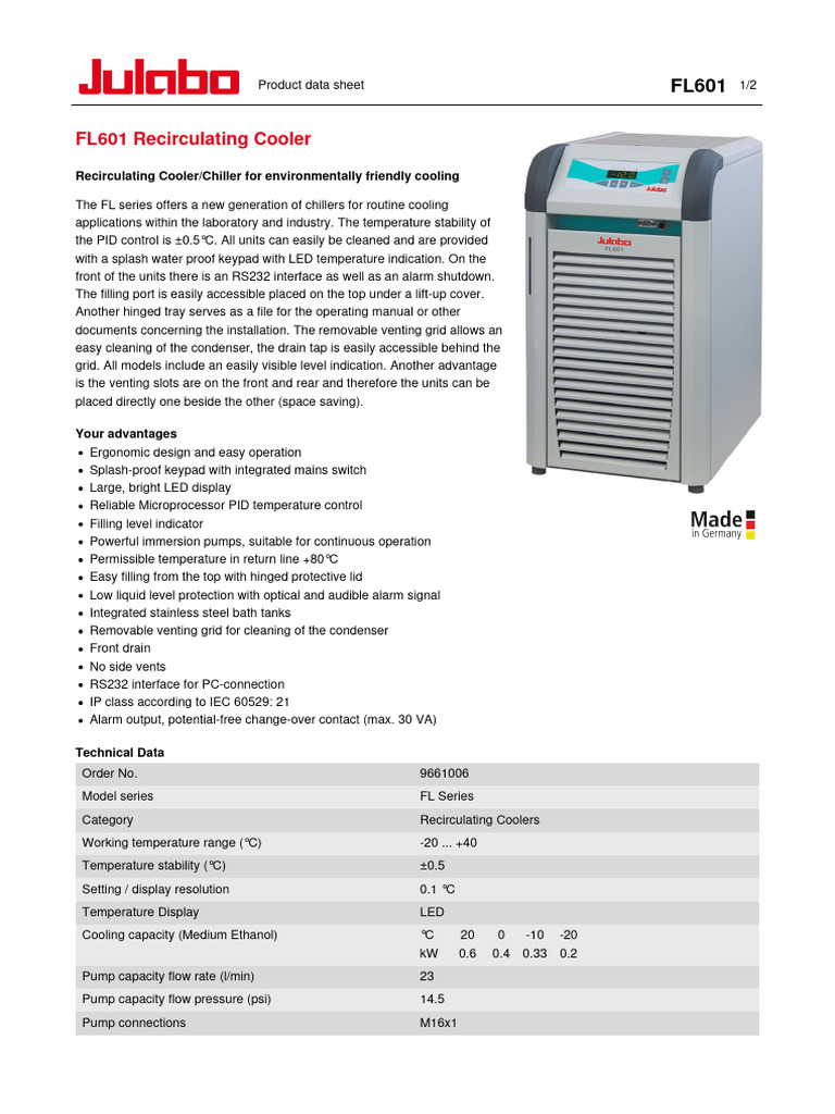 Julabo FL601 Recirculating Water ChillerBrochure | PDF | Pump | Applied ...
