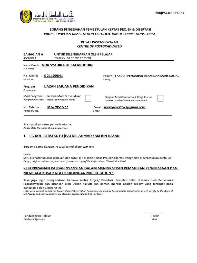 Borang Pengesahan Pembetulan Kertas Projek - Disertasi | PDF