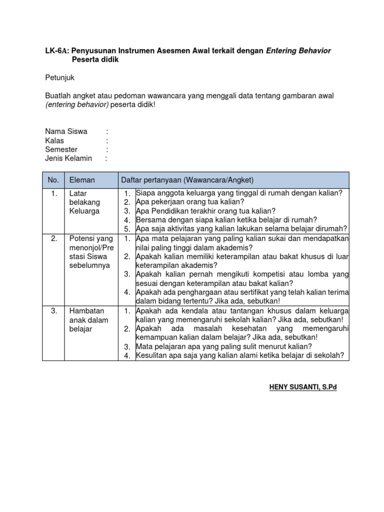 CONTOH Pemetaan Kemampuan Awal Siswa | PDF