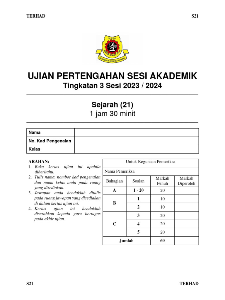 Soalan Sej t3 Sem I 2023 | PDF