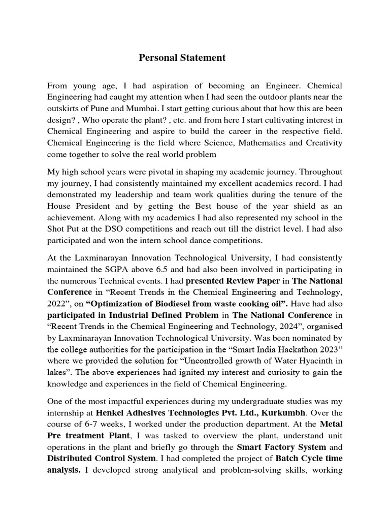 Personal Statement | PDF | Engineering | Water Treatment