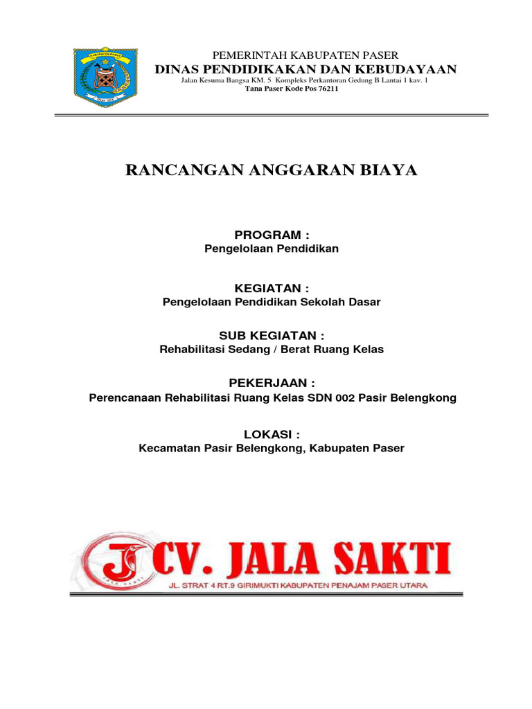 RAB - Rehabilitasi Ruang Kelas SDN 002 Pasir Belengkong | PDF