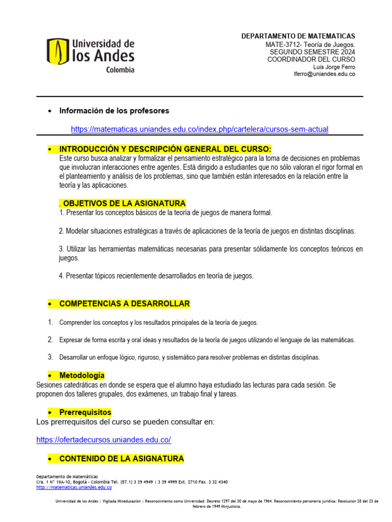 Programa Teoría de Juegos 2024 - 2 | PDF | Teoría | Evaluación