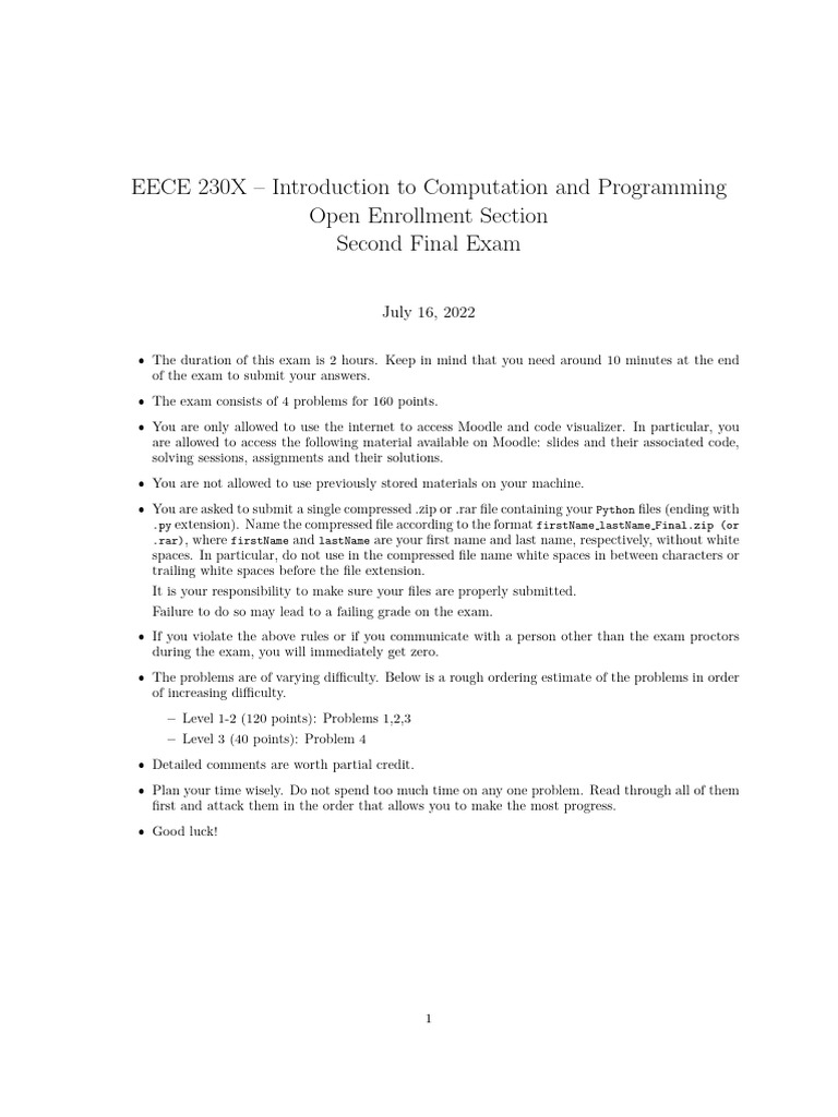 EECE 230X Final Exam Instructions | PDF | Function (Mathematics) | Parameter (Computer Programming)