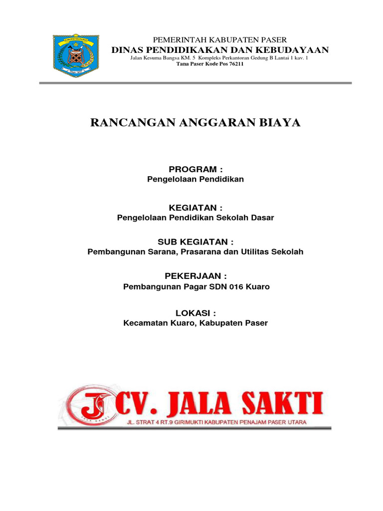 RAB - Pembangunan Pagar SDN 016 Kuaro | PDF