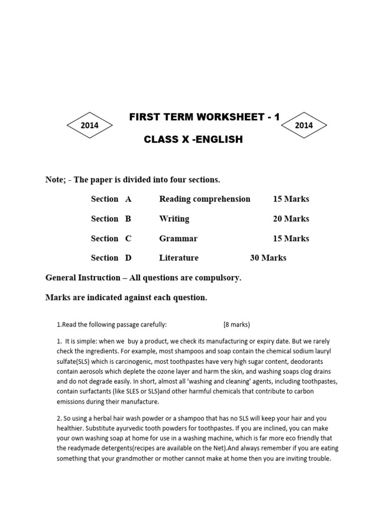 CBSE Class 10 English Worksheet - Revision | PDF