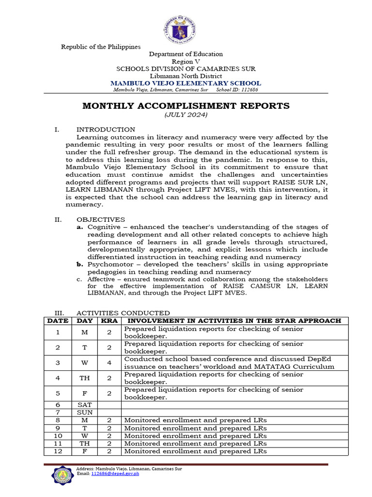 Mambulo Viejo Elementary Monthly Report | PDF | Literacy | Learning