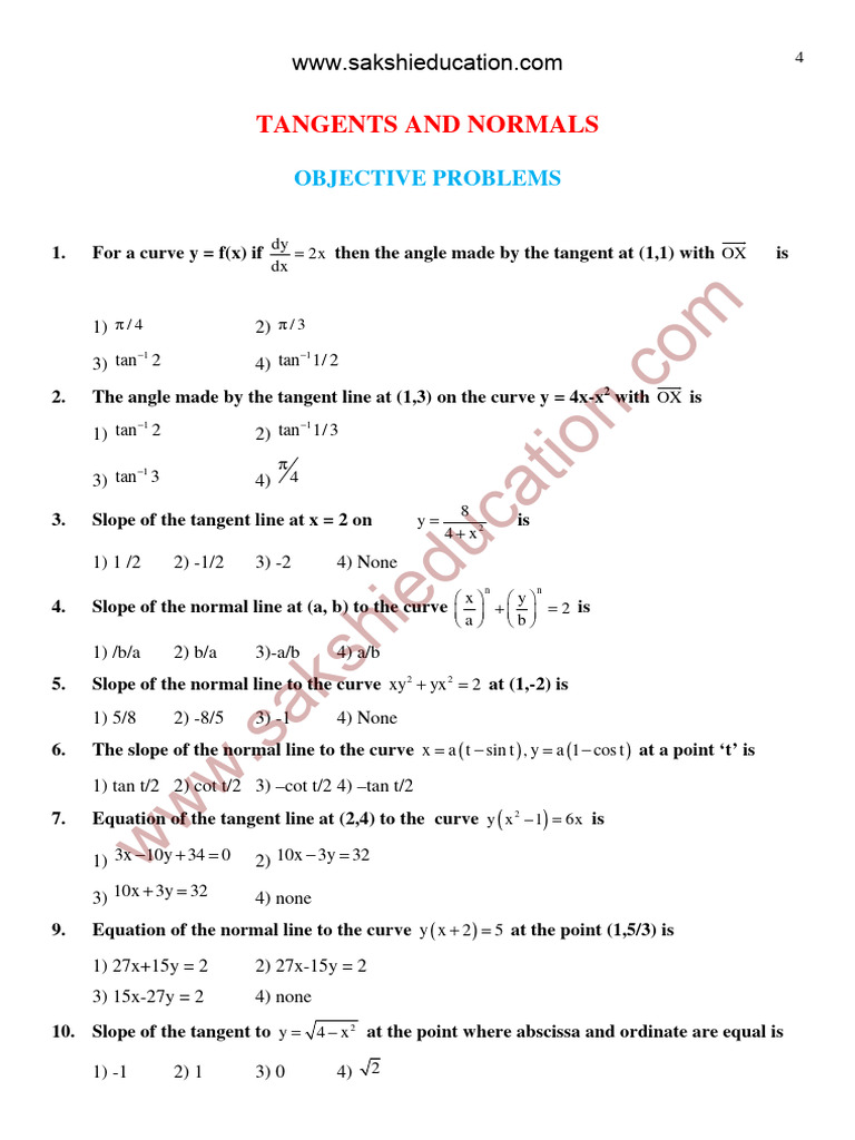 Tangents and Normals | PDF | Tangent | Slope