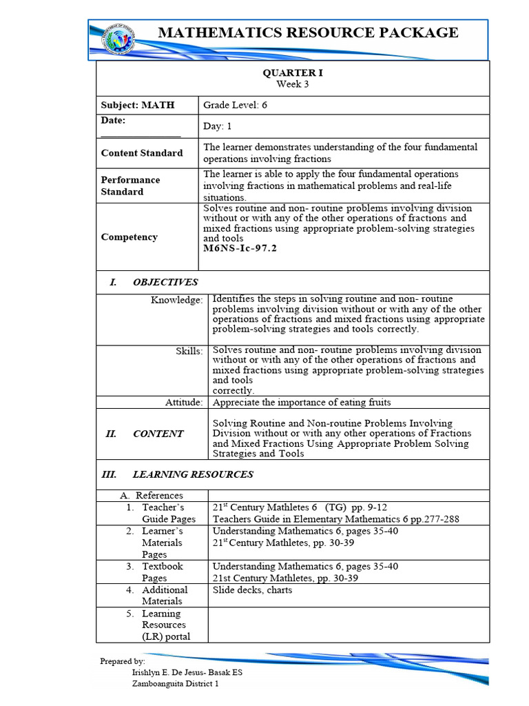 Math6-Q1-Week3-Day 1 | PDF | Learning | Mathematics
