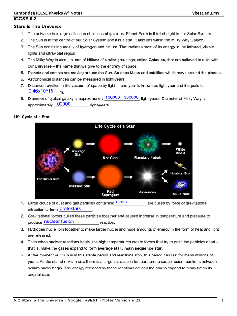2023 IGCSE 6.2 Stars N The Universe | PDF | Stars | Redshift