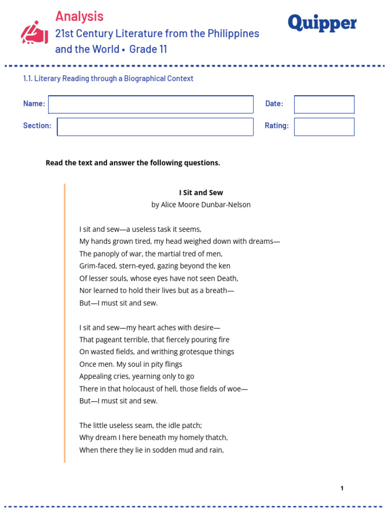 Analyzing "I Sit and Sew" Poem | PDF | Poetry