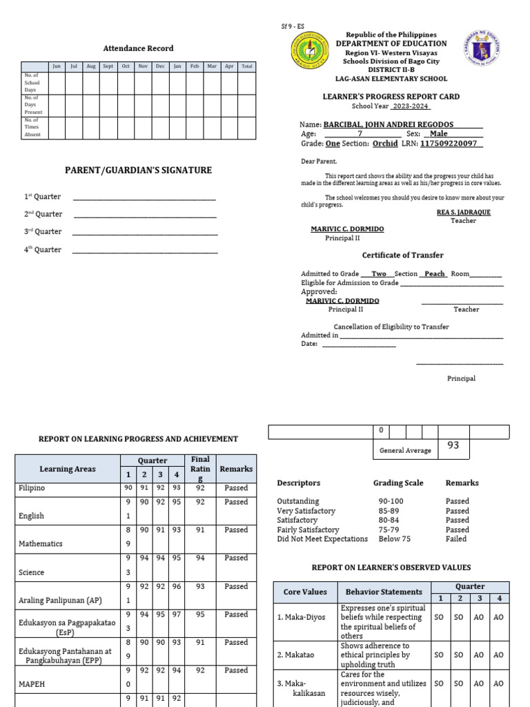 SF 9 - ES (Learner's Progress Report Card) REA | PDF SF 9 - ES (Learner's Progress Report Card) REA | PDF