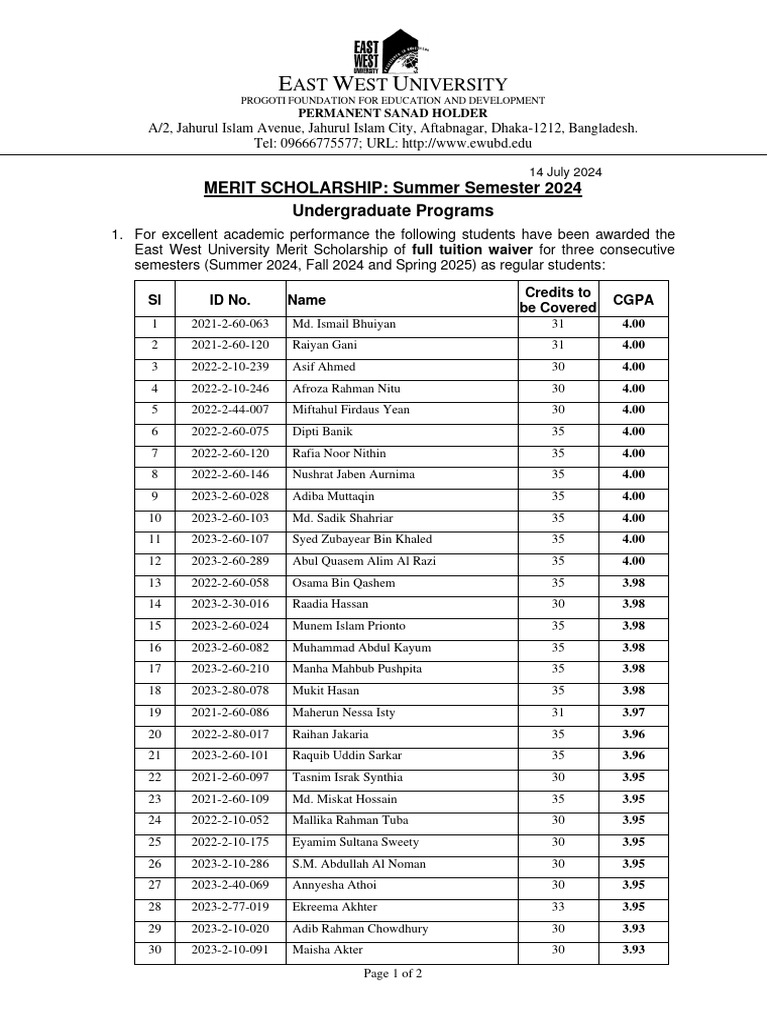 AST EST Niversity: MERIT SCHOLARSHIP: Summer Semester 2024 Undergraduate Programs | PDF | Bangladesh