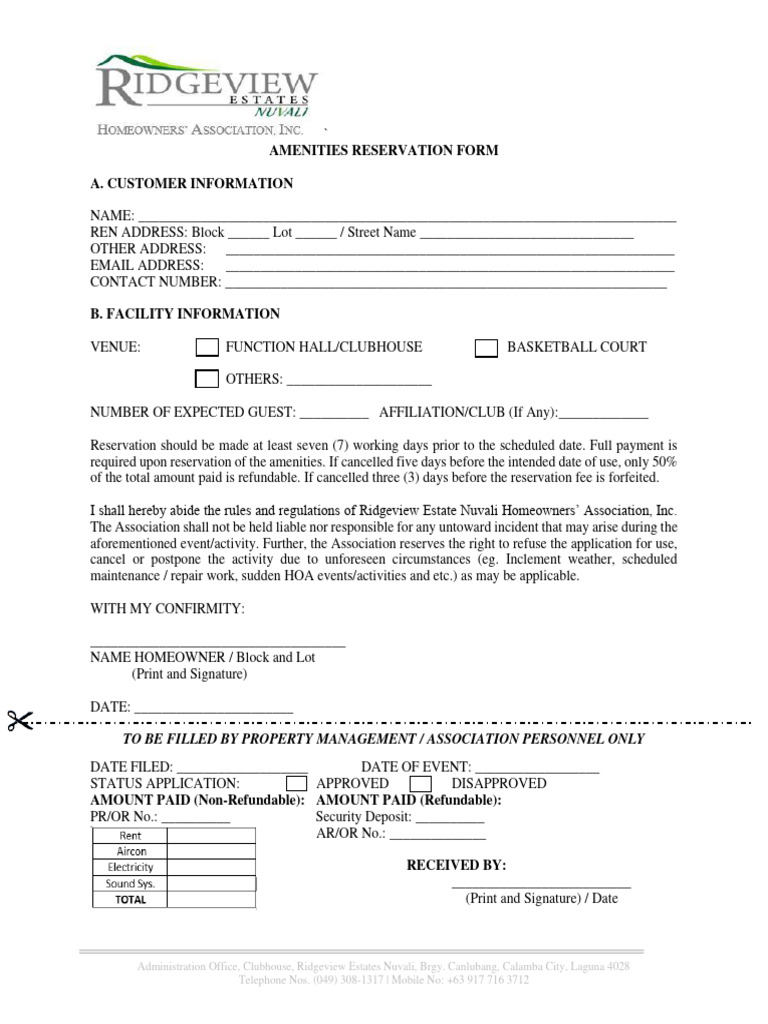 Amenities Reservation Form 2023 | PDF