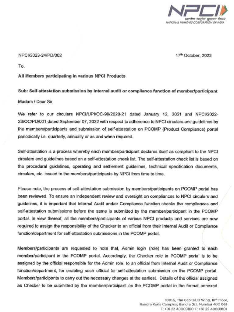 Self Attestation Submission by Internal Audit or Compliance Function of ...