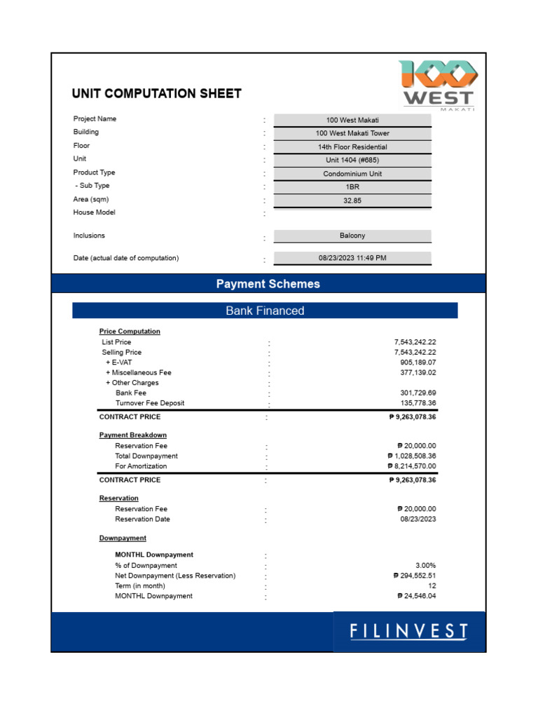 20230823235751.UCS.100 West Makati - Unit 1404.685 | PDF | Down Payment | Fee