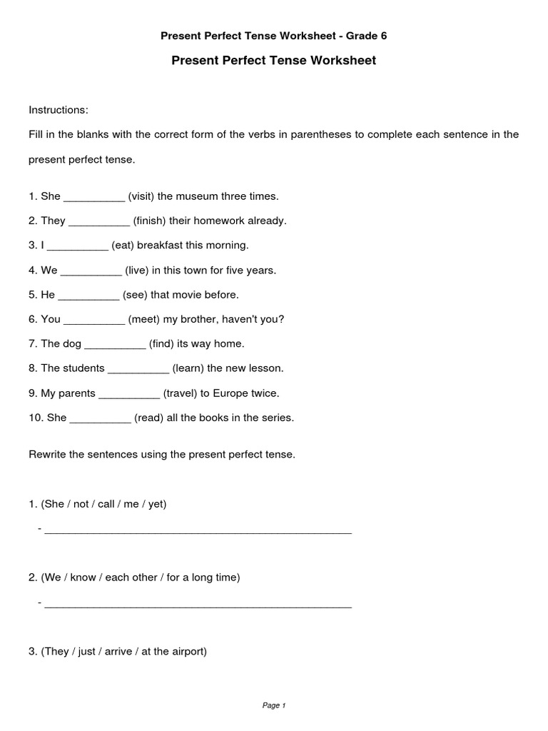 Present Perfect Tense Worksheet Grade 6 | PDF | Perfect (Grammar ...