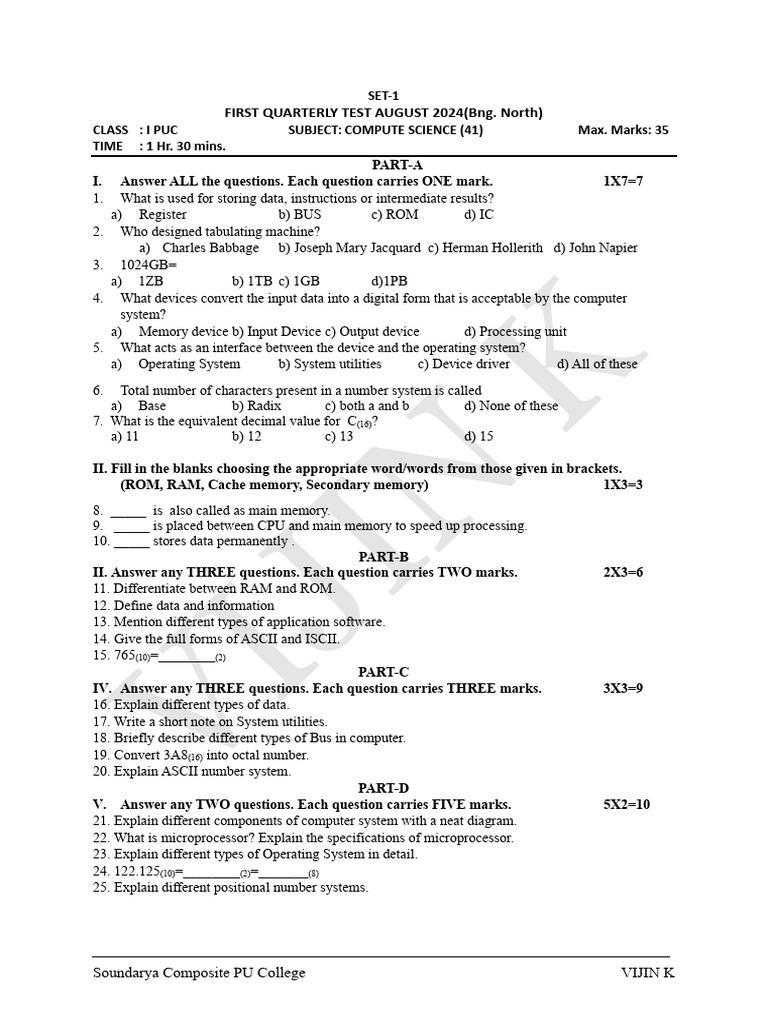 I PU Quaterly Test - Sample QP | PDF | Computer Data Storage | Input/Output I PU Quaterly Test - Sample QP | PDF | Computer Data Storage | Input/Output