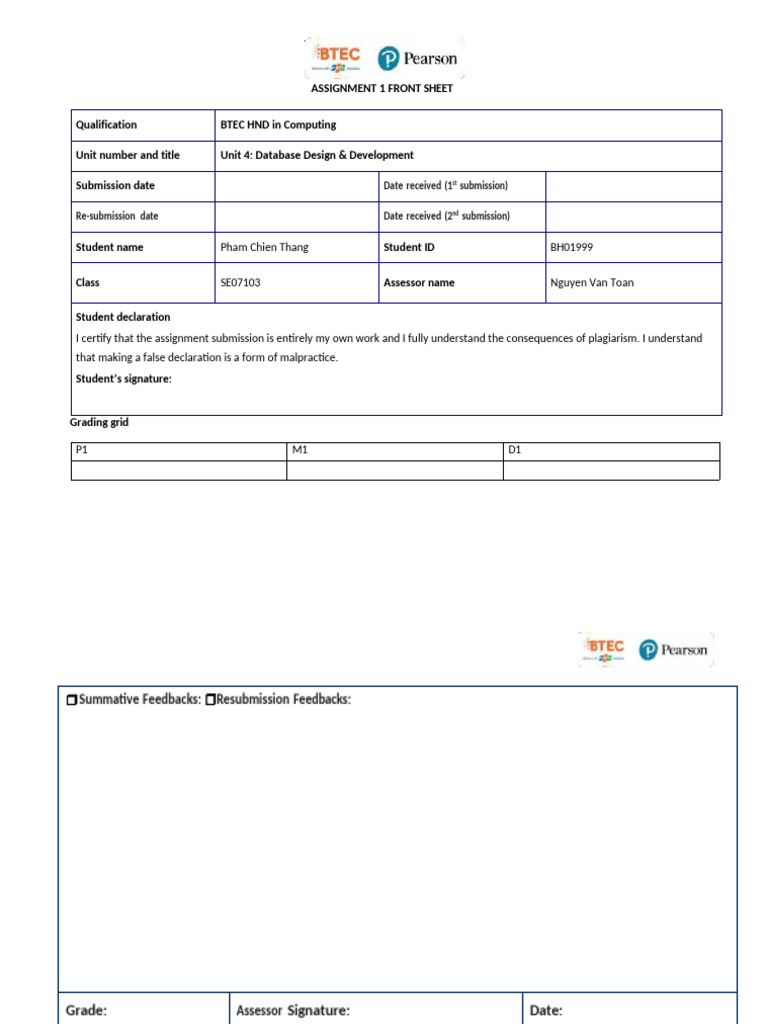 ASM1 - 1st - Database-Design-Development - Report - Pham Chien Thang - BH1999 | PDF | Databases ...